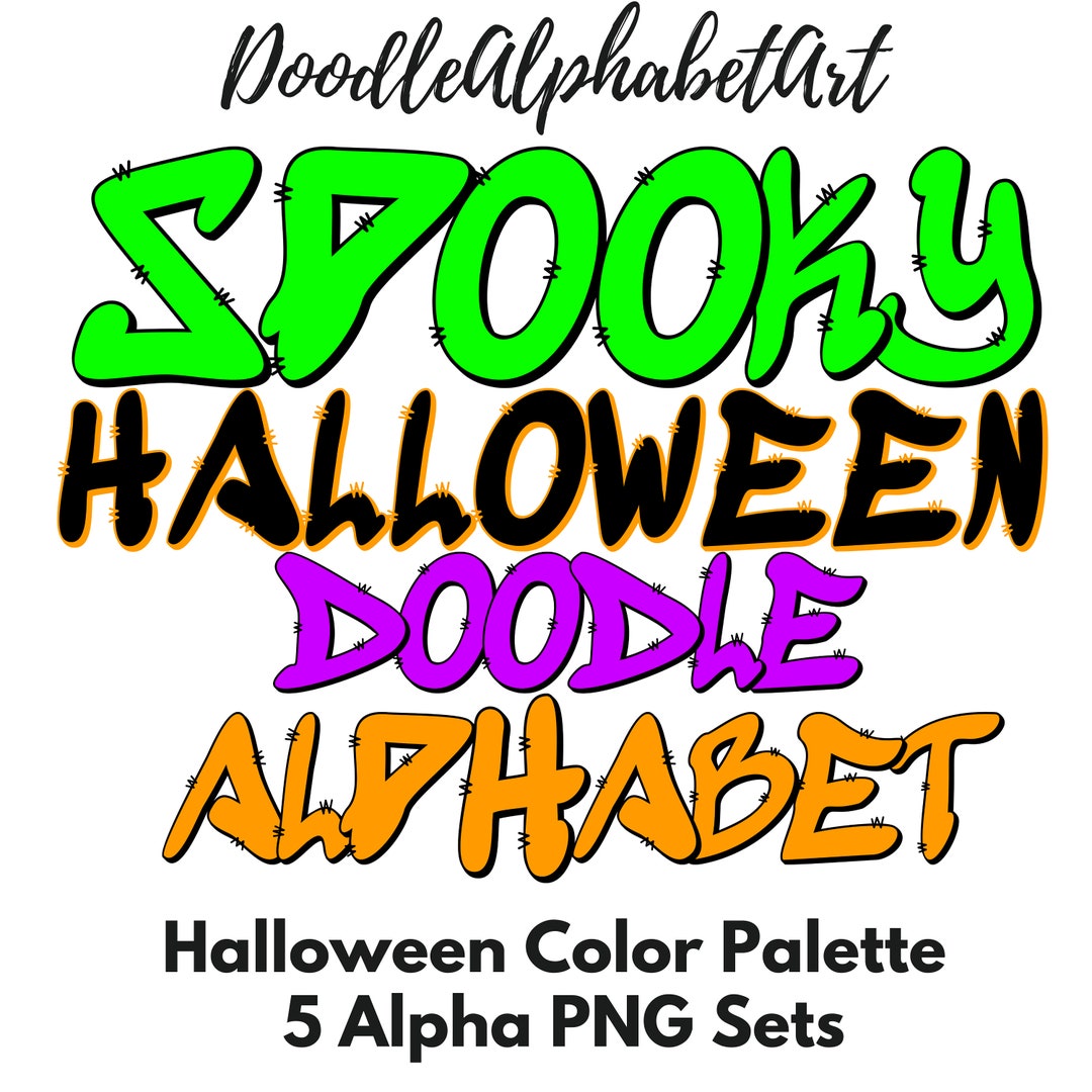 Alphabet Letters PNG in 5 Halloween Colors Palette, Doodle Alphabet ...