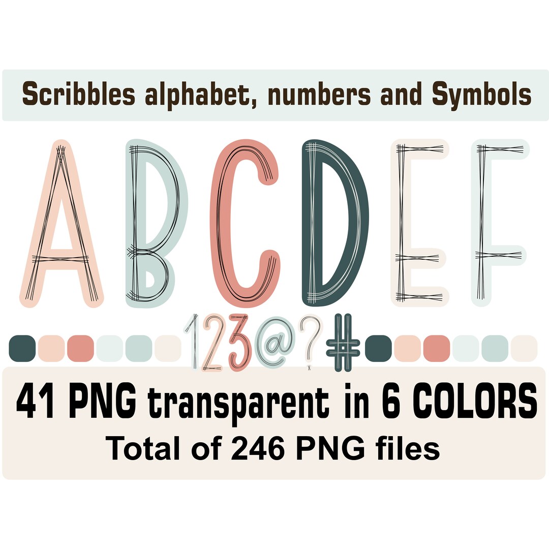 Scribble Letters Boho Doodle Alphabet PNG Bundle in 6 COLORS, Hand ...