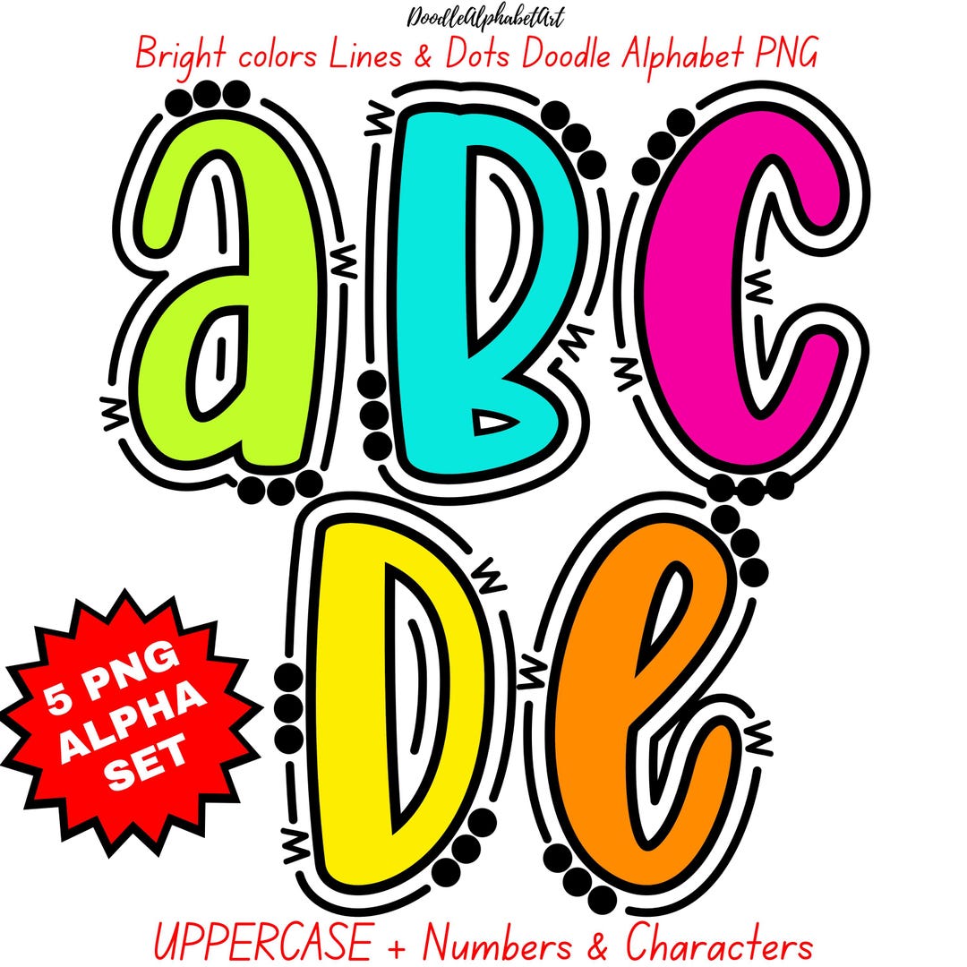 Bright Dots and Lines Doodle Alphabet PNG Bundle, Vibrant Outlined ...