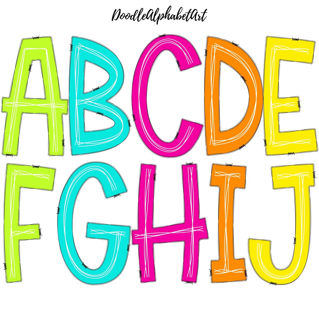 Vibrant Outlined Scribble Alphabet PNG Bundle, 5 Alpha Sets, Bright ...