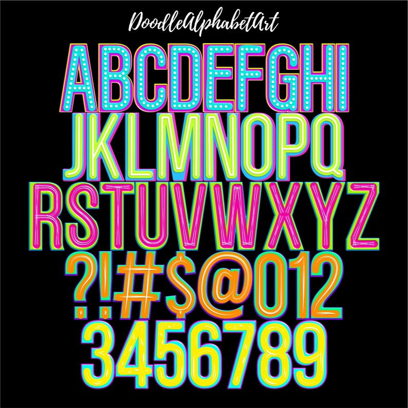 Retro Funky Alphabet PNG Bundle: Bright Doodle Letters (digital ...