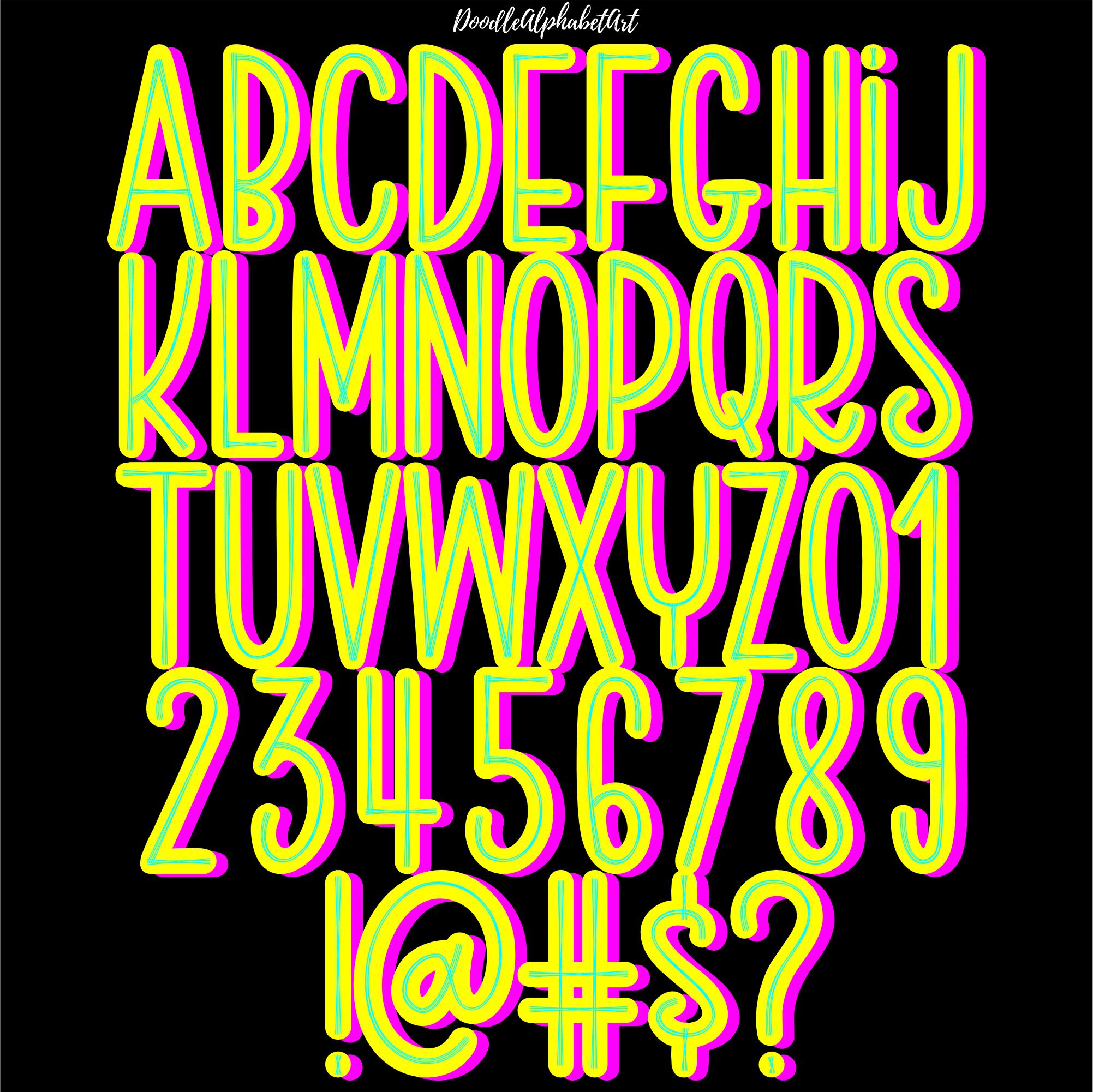 Bright Neon Scribble Doodle Alphabet PNG Bundle | Hand-drawn Letters ...