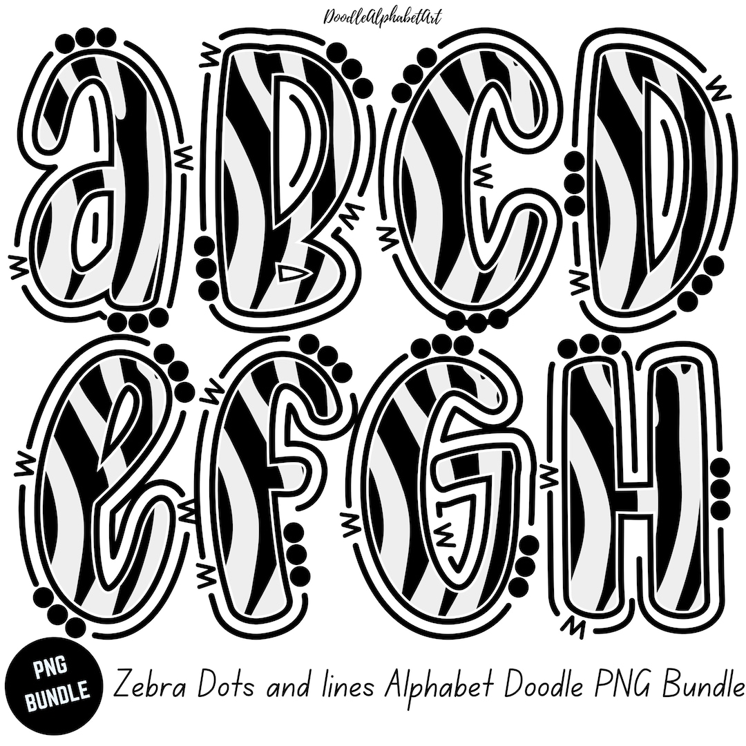 Zebra Dots and Lines Alphabet PNG Doodle Bundle, Black and White Zebra ...