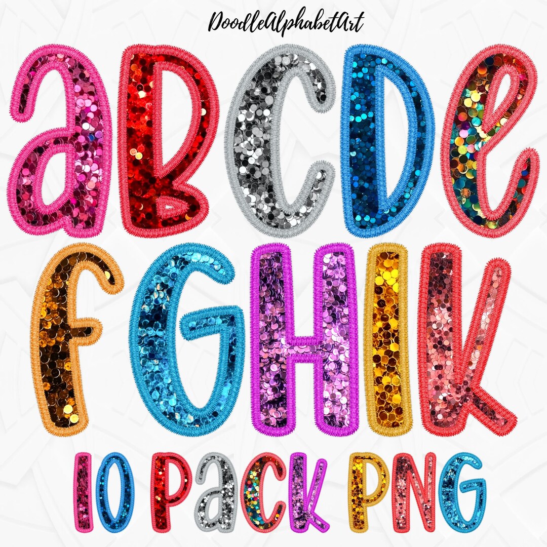 Sequin Alphabet PNG Bundle: Faux Embroidery Stitch, Hand-drawn Doodle ...