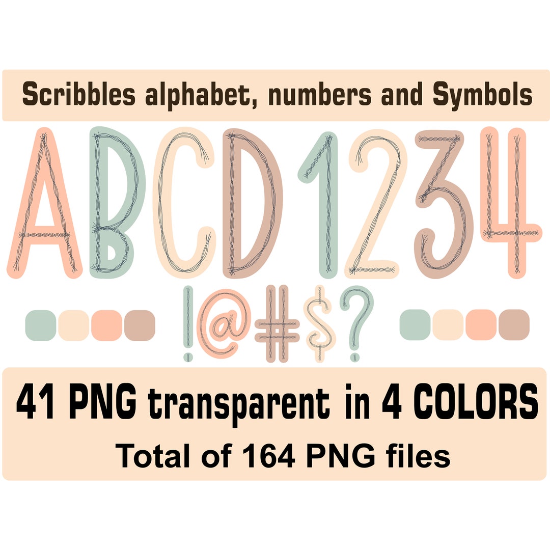 Scribble Letters PNG in 4 COLORS, Boho Doodle Digital Alphabet PNG ...