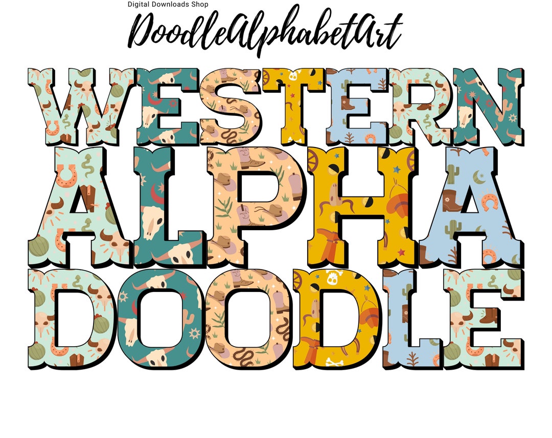 Western Doodle Alphabet Letters PNG Set, Boho Western Doodle Alphabet ...