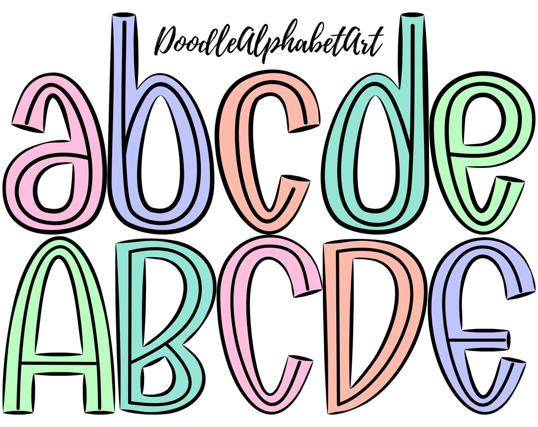 Black Center Line Doodle Alphabet PNG Bundle, Bright Pastel Colors ...