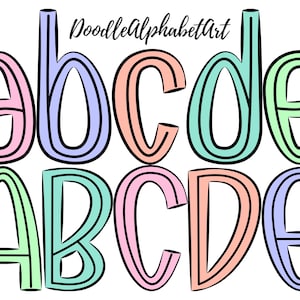 Black Center Line Doodle Alphabet PNG Bundle, Bright Pastel Colors ...