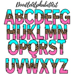 Leopard Doodle Alphabet Letters PNG, Bright Color, Hot Pink & Cyan ...