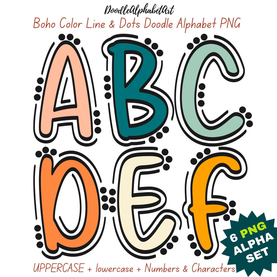 Boho Doodle Alphabet PNG Bundle: Hand-drawn Letters, Numbers, and ...