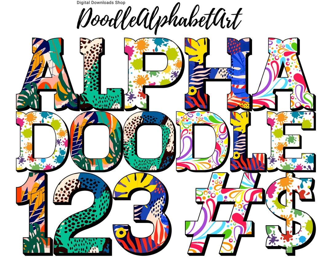 Doodle Alphabet PNG Bundle, 5 Alpha Sets PNG Bundle, Tropical Leaves ...