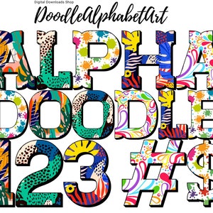 Doodle Alphabet PNG Bundle, 5 Alpha Sets PNG Bundle, Tropical Leaves ...