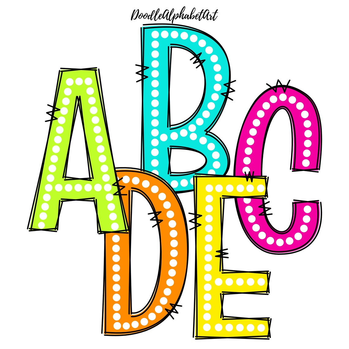 Polka Dot Doodle Alphabet PNG Bundle: Bright Scribbled Letters (digital ...