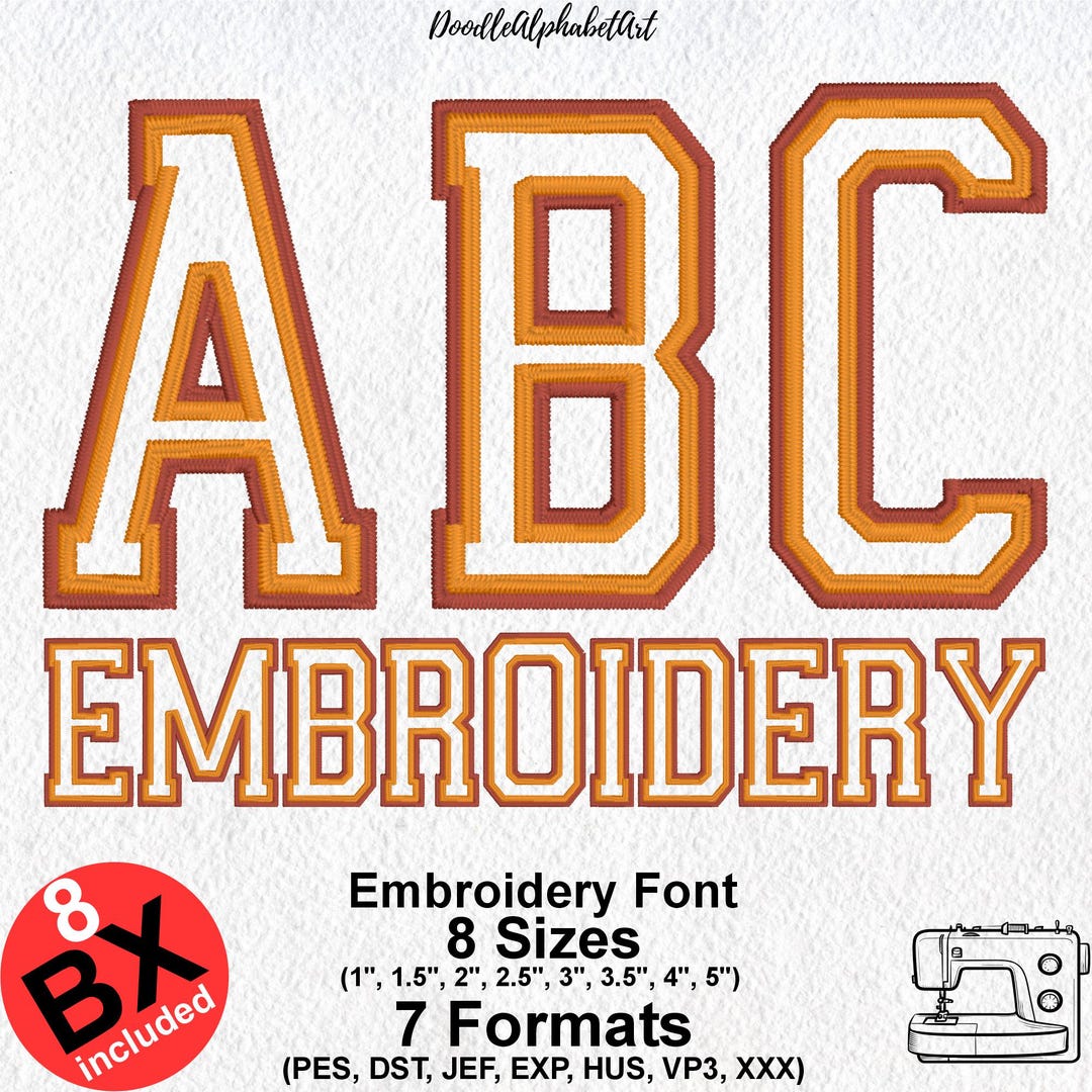 Stylable Outline Satin Column Stitch SPORT Embroidery Font, 8 Sizes 7 ...