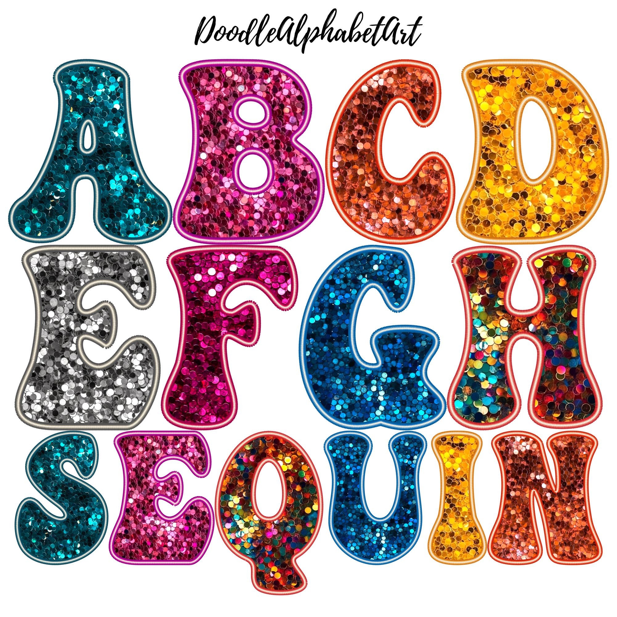 Sequin Groovy Alphabet PNG Bundle: Retro Doodle Letters (digital ...