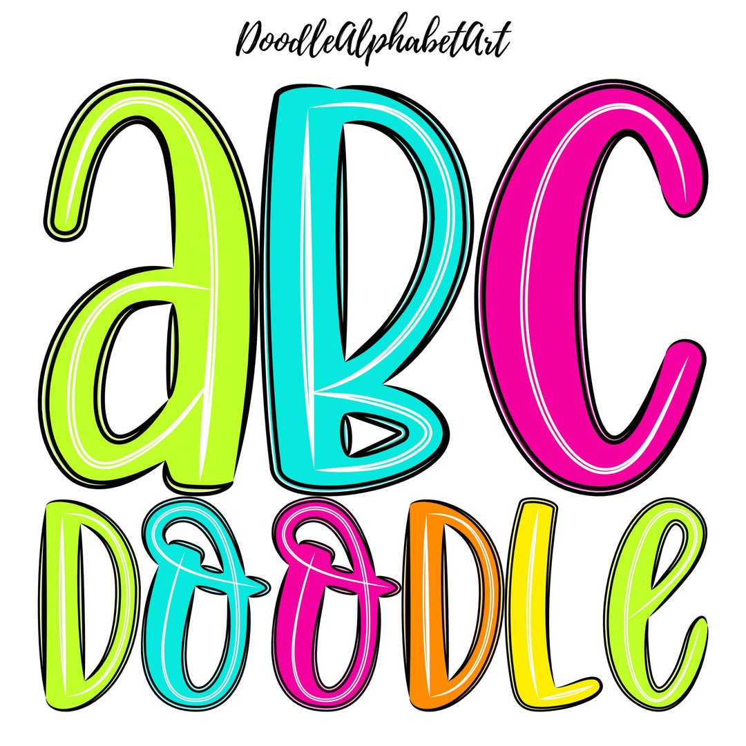 White Double Line Doodle Letters PNG Bundle, Black Double Outline ...