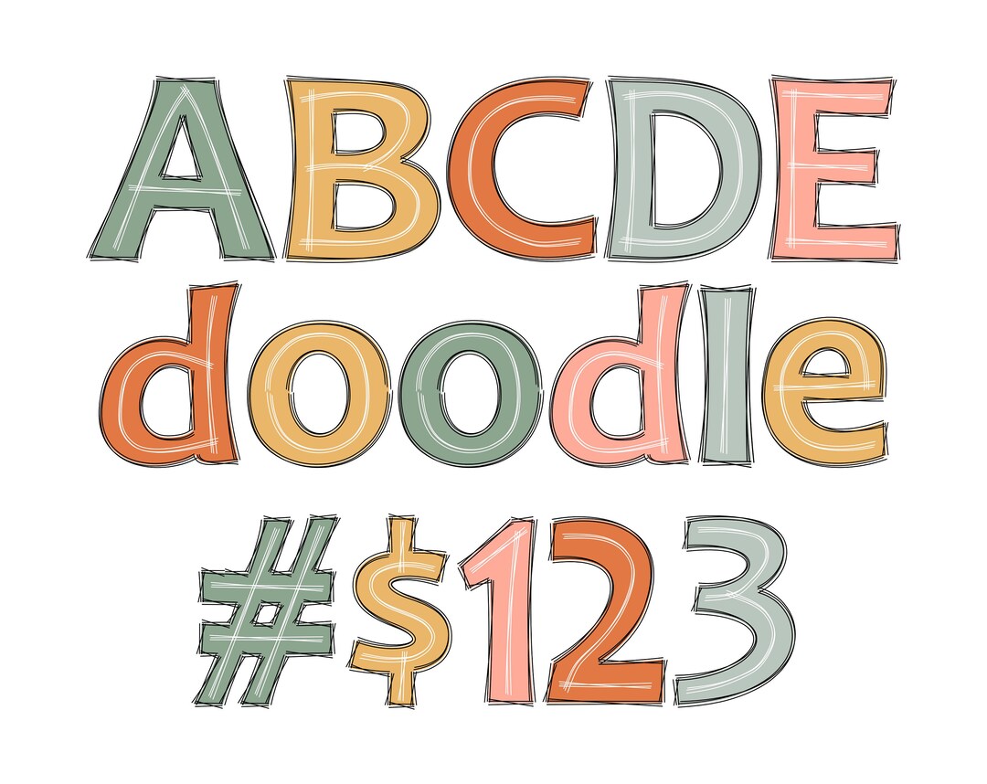 Scribble Letters Digital PNG in 5 COLORS, Boho Doodle Digital Alphabet ...