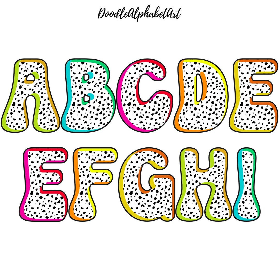 Groovy Dalmatian Doodle Alphabet PNG Bundle, Dark & Vibrant Color ...