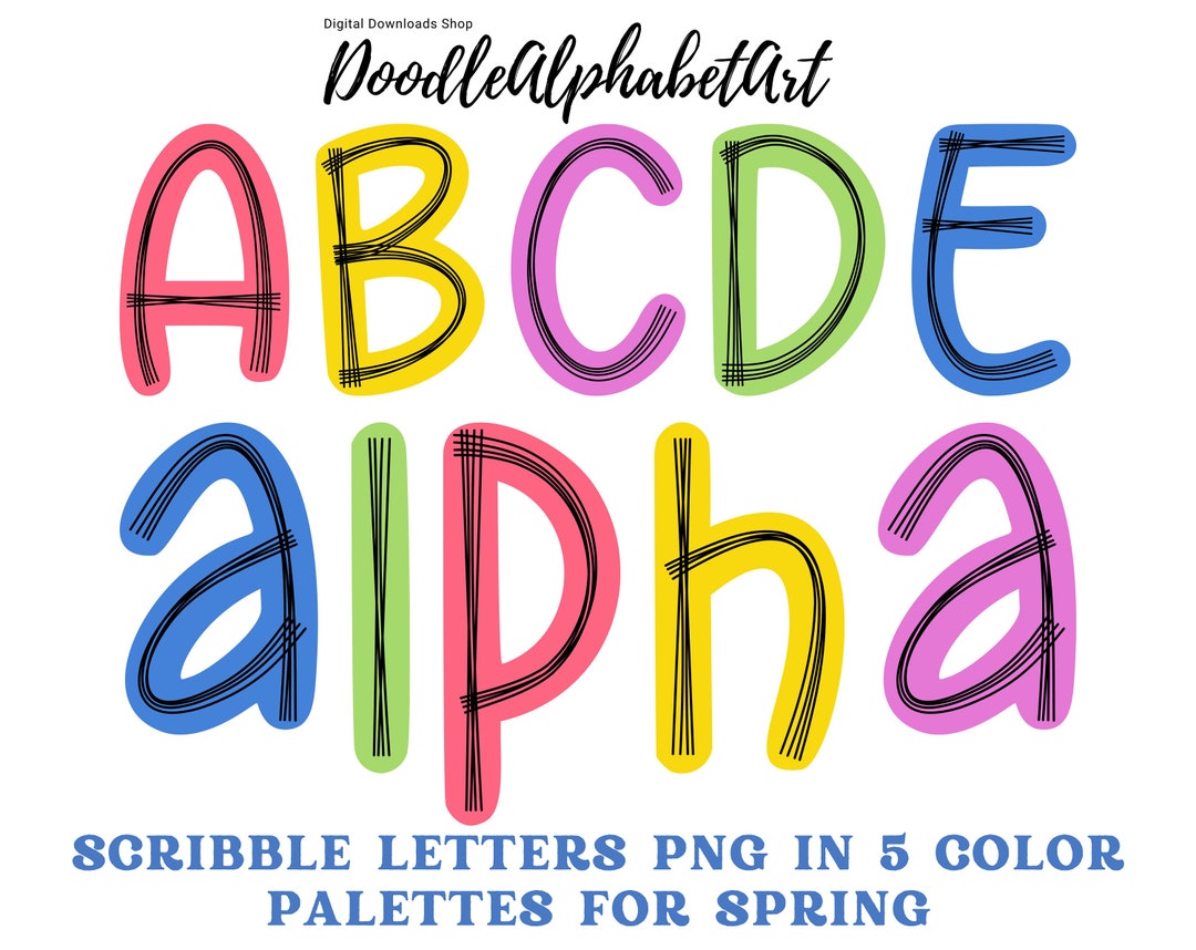 Scribble Letters PNG in 5 Color Palettes for Spring, Doodle Alphabet ...