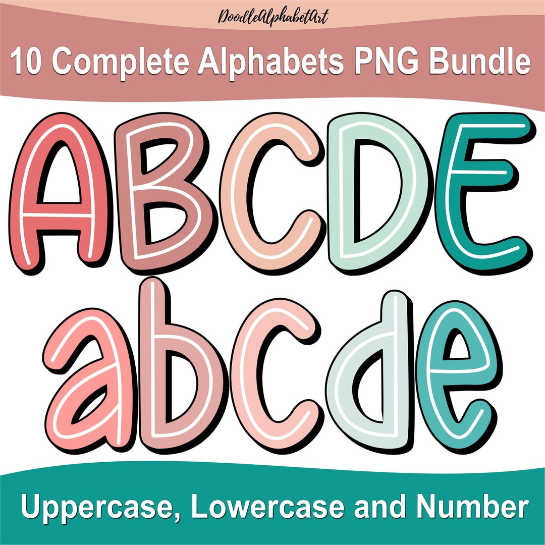 Boho Doodle Alphabet PNG Bundle With White Center Line, Retro Doodle ...