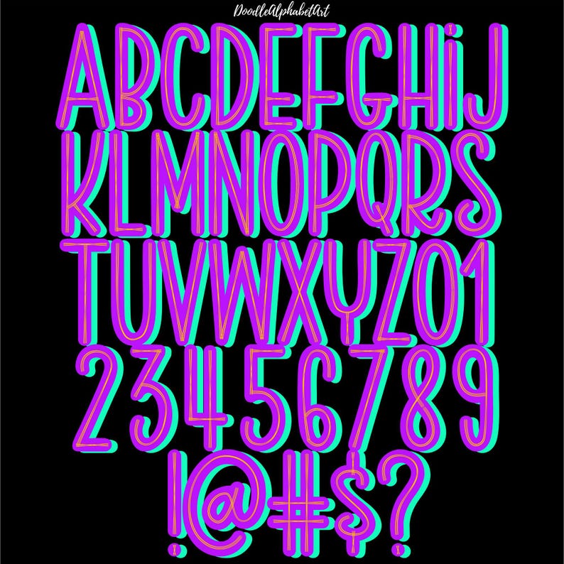 Bright Neon Scribble Doodle Alphabet PNG Bundle | Hand-drawn Letters ...