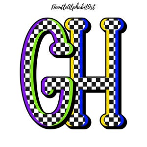 Checkered Doodle Alphabet Letters PNG Bundle, Neon Colors, Checkerboard ...
