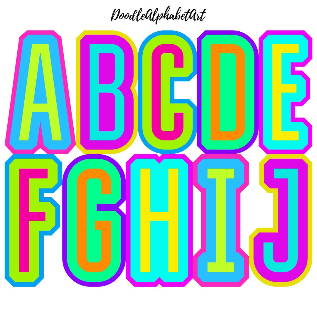 Retro Funky Alphabet PNG Bundle: Colorful Doodle Letters (digital ...