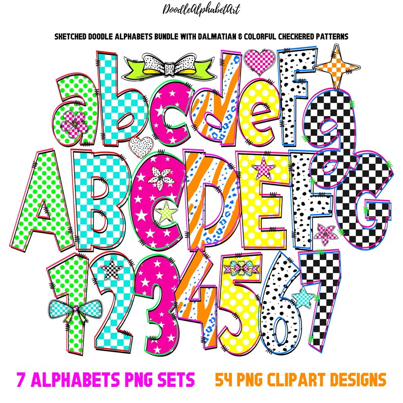 Summer Doodle Alphabet PNG Set: Polka Dot, Checkered, Dalmatian ...