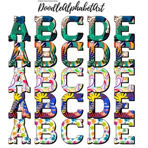 Doodle Alphabet PNG Bundle, 5 Alpha Sets PNG Bundle, Tropical Leaves ...
