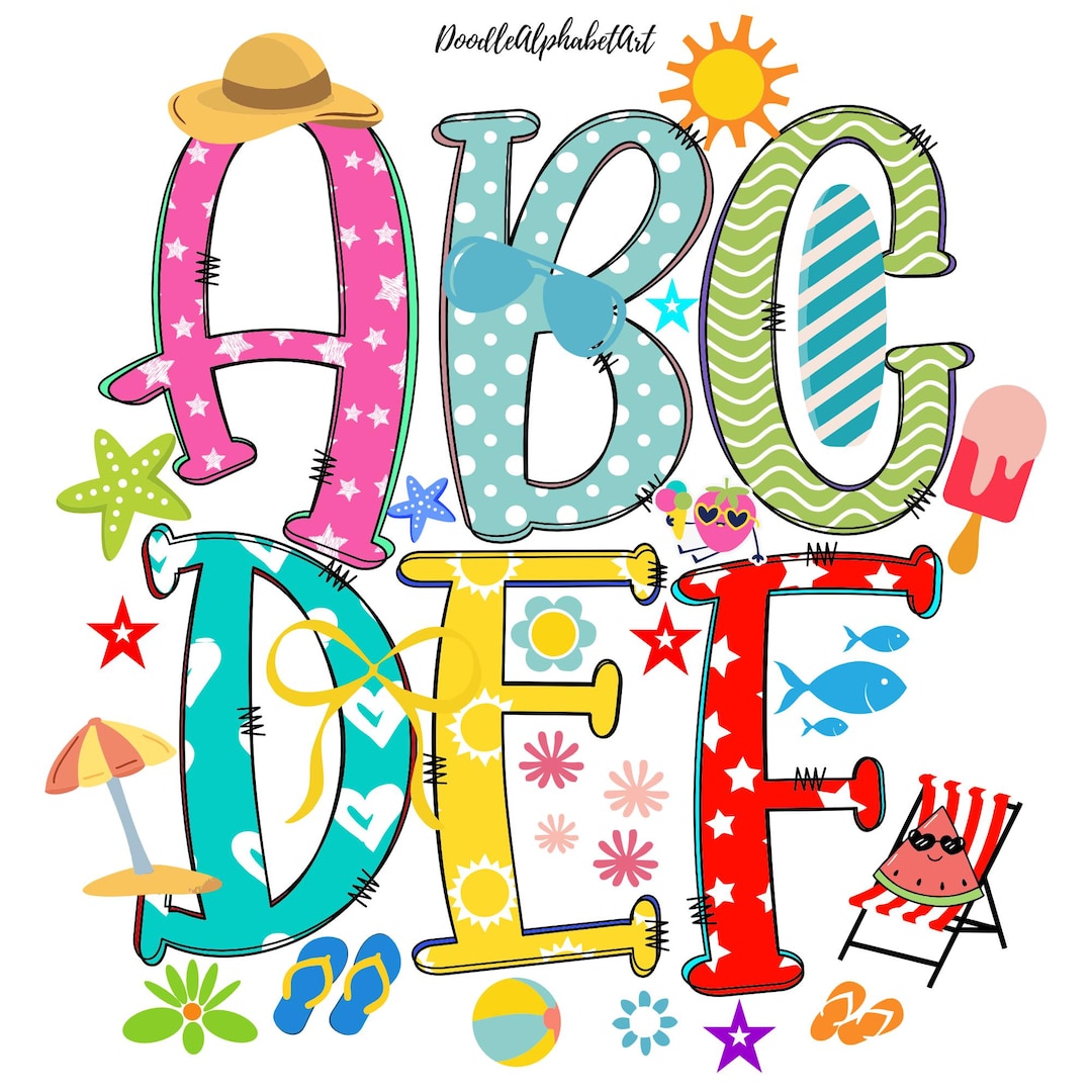 Summer Alphabet PNG Set, Vibrant Sketched Scribble Letters & Summer ...