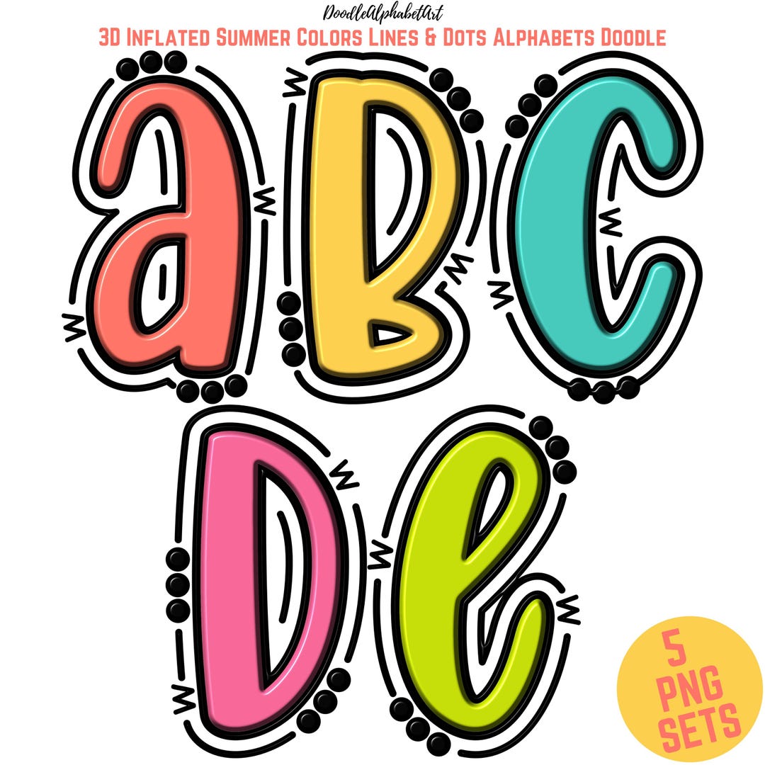 Inflated 3D Summer Doodle Alphabet Lines and Dots PNG Bundle, Letters A ...