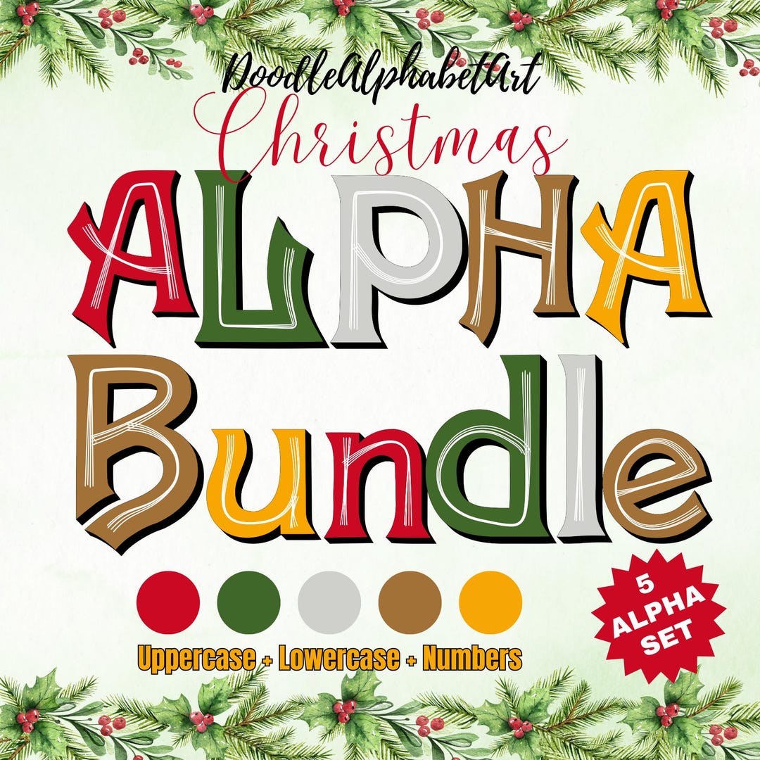 Christmas Doodle Alphabet PNG Set, Trendy Color Christmas Palette ...