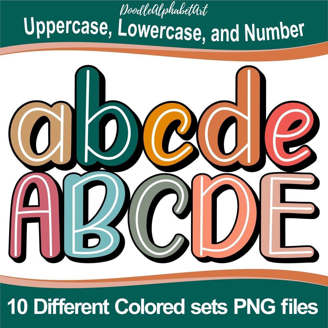 White Center Line Doodle Retro Letters PNG Bundle, Earthy Boho Color ...