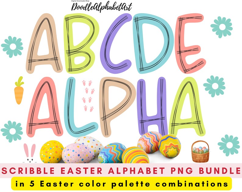 Scribble Easter Doodle Alphabet Letters PNG in 5 Colors - Etsy