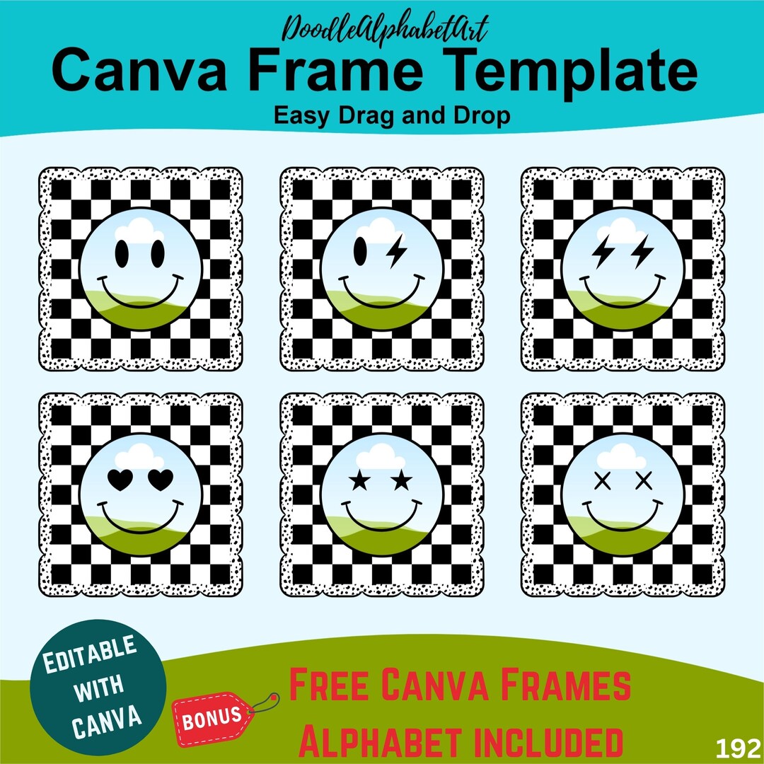Canva Frames Smiley Face, Checkered Smiley Face Bundle, Editable Canva ...