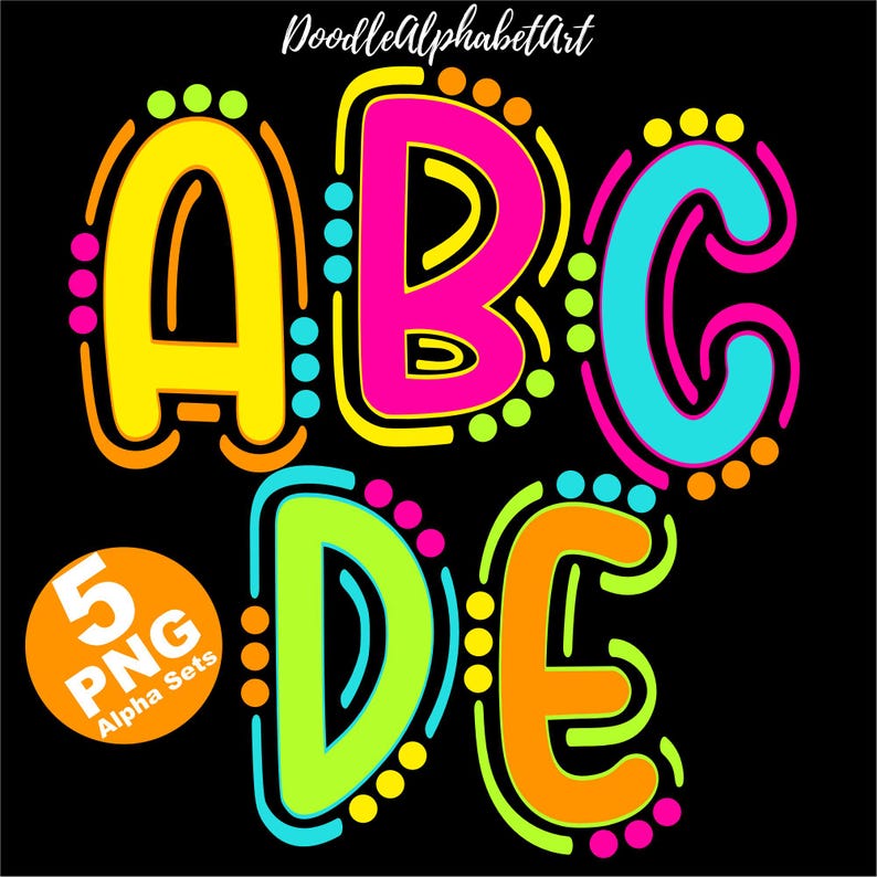 Funky Doodle Alphabet PNG Bundle: Bright Lines & Dots (digital Download ...