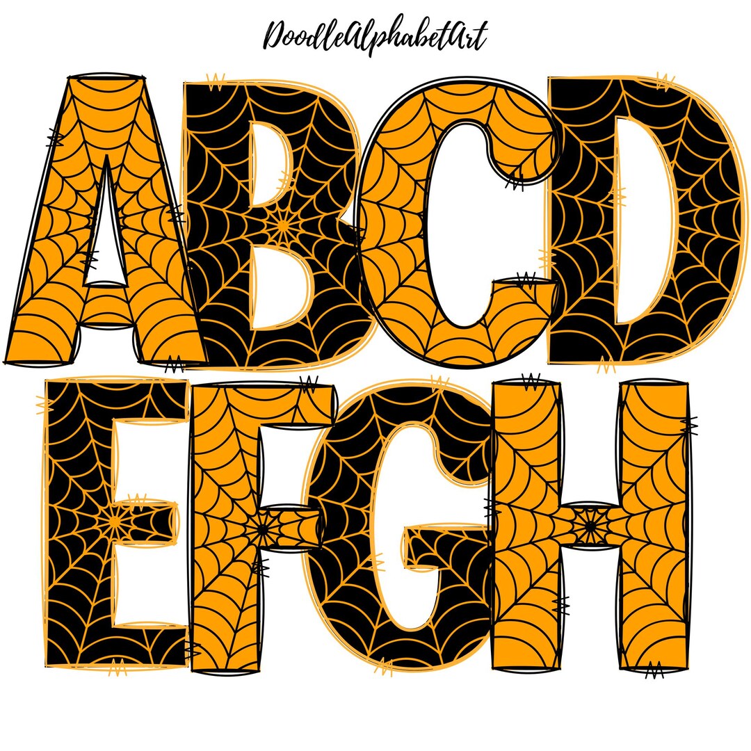 Halloween Spiderweb Doodle Alphabet: Black & Orange PNG (digital ...