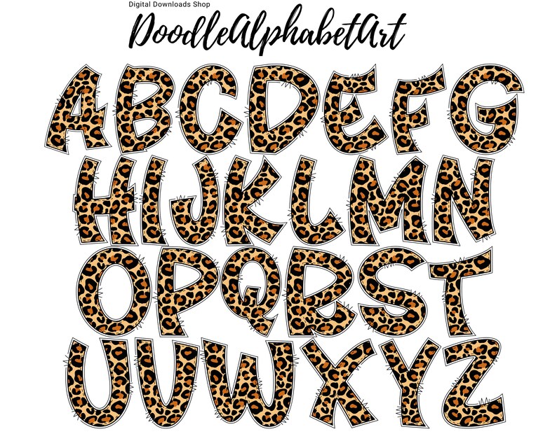 Animal Print Doodle Alphabet PNG Bundle: Zebra, Leopard, Tiger (digital ...