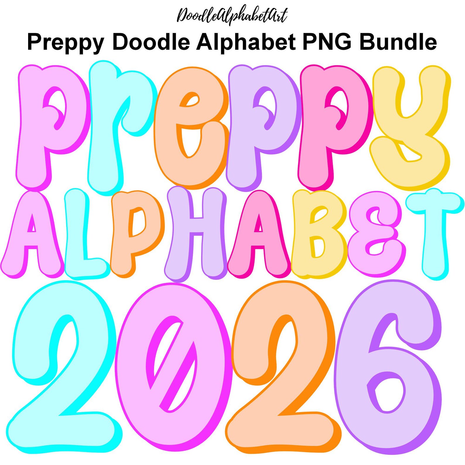 Preppy Doodle Alphabet PNG Bundle, Colorful Letters, Numbers (digital ...