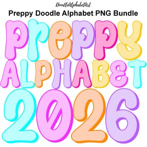 Preppy Doodle Alphabet PNG Bundle, Colorful Letters, Numbers (digital ...