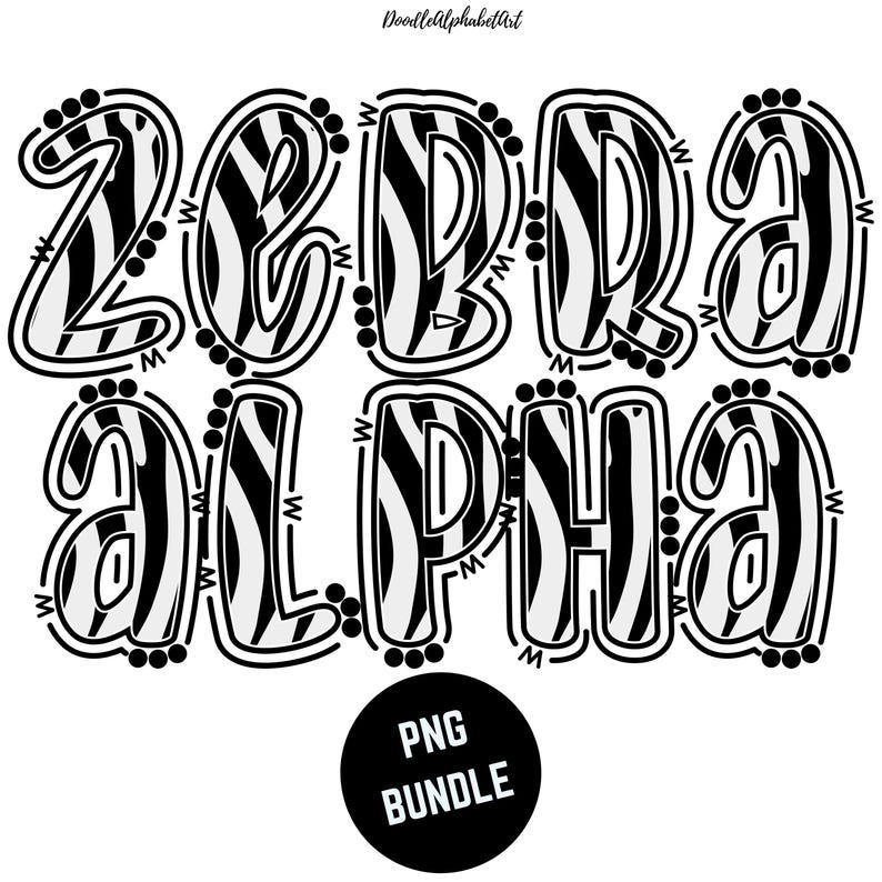 Zebra Doodle Alphabet PNG Bundle: Black & White Outlined Letters ...