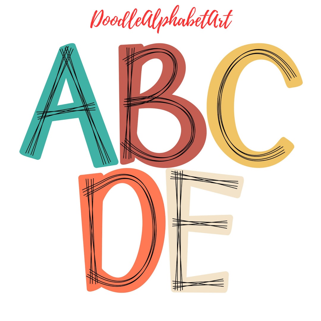 Scribble Letters PNG in 5 Vibrant Colors Like Verdigris.., Boho Doodle ...