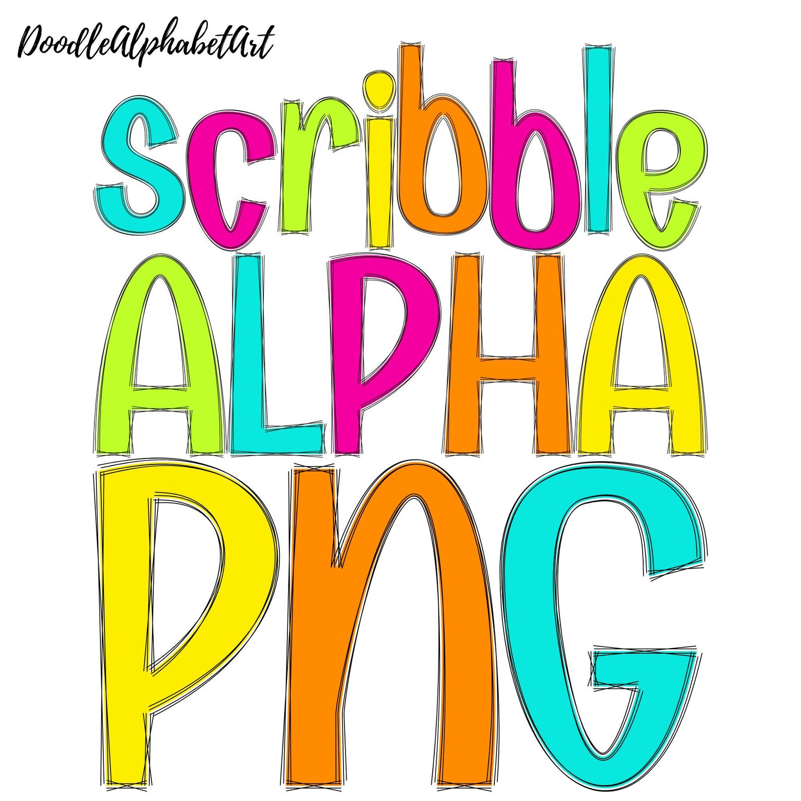 Scribble Font Alphabet PNG Bundle: Bright Color Palette Digital ...