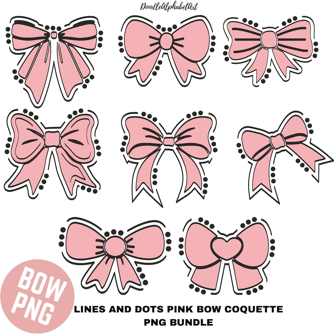 Pink Coquette Bow Clipart PNG Bundle, Lines and Dots Gift Bow Png, Pink ...