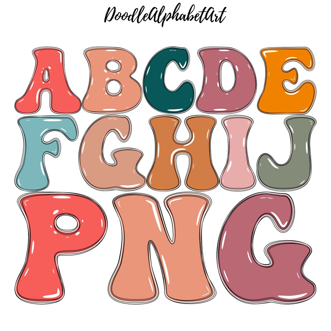 Boho Scribble Retro Groovy Doodle Alphabet, 3D Inflated Letters PNG ...