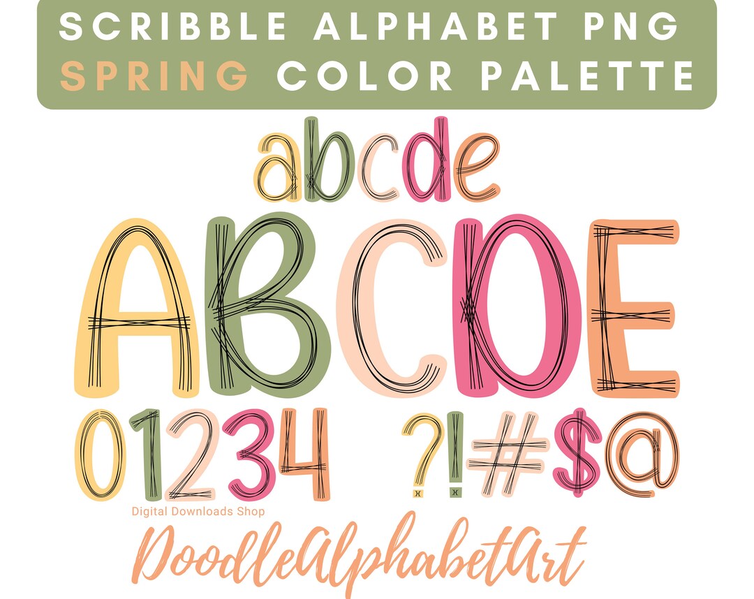 Scribble Alphabet PNG Spring Color Palette, Doodle Alphabet PNG Bundle ...