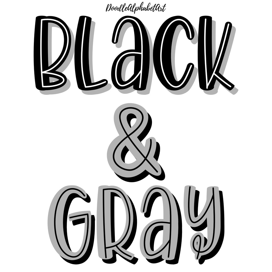 Black & Gray Doodle Alphabet PNG Letters Bundle, White Centerline Alpha ...