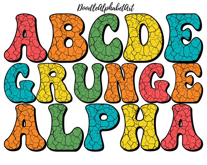 Grunge Doodle Alphabet PNG: Retro Bright Letters (digital Download ...