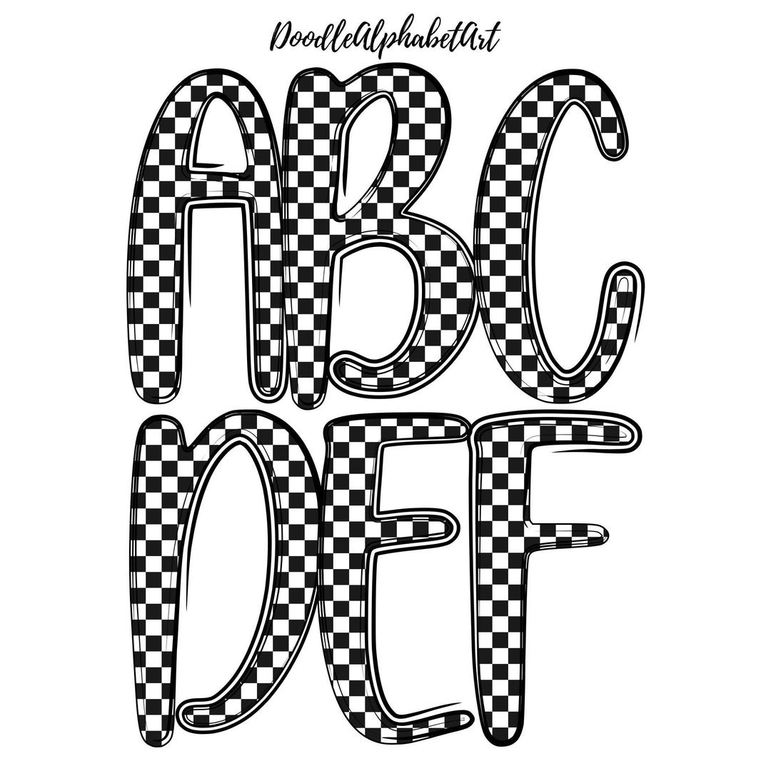 Checkered Pattern & Outline Scribble Alphabet PNG, Black and White ...