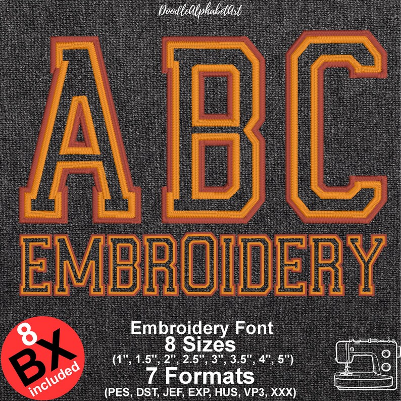 Stylable Outline Satin Column Stitch SPORT Embroidery Font, 8 Sizes 7 ...